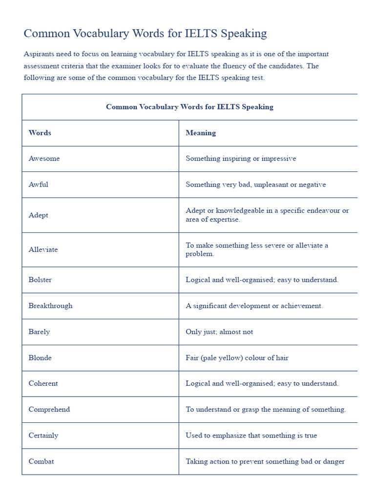 List of Vocabulary For IELTS Speaking by Topics | PDF