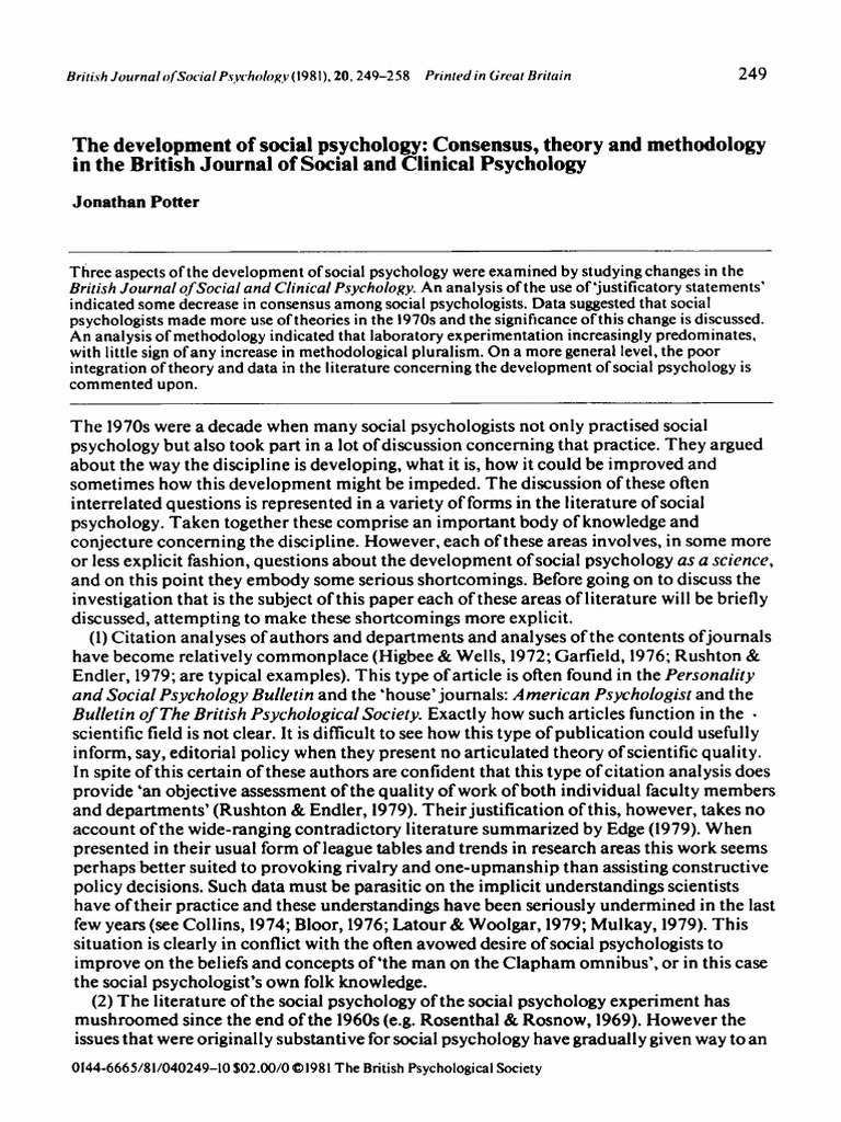 The Development of Social Psychology: Consensus, Theory and Methodology in The British Journal ...