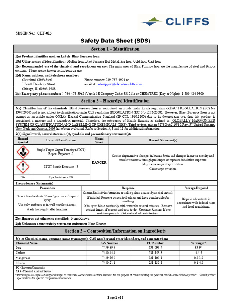 Blast Furnace Iron SDS Label (CLF 013) 4 2021 | PDF