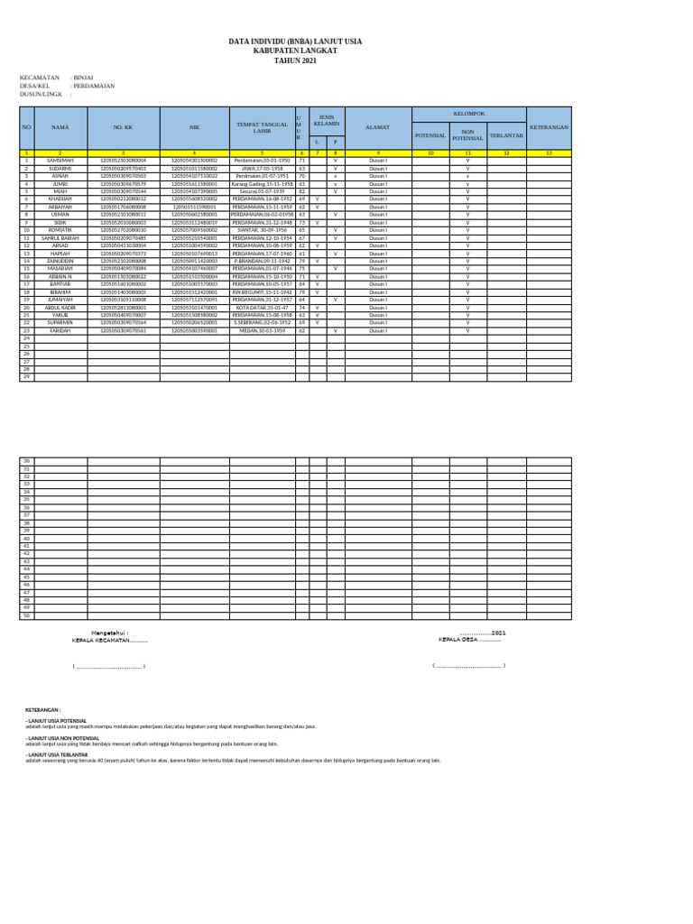 Data Individu Pmks 2021 Lanjut Usia | PDF