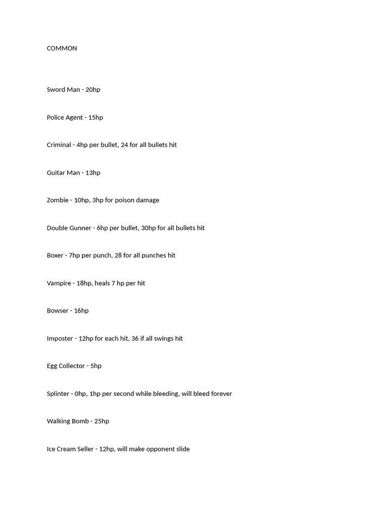 2 Player Battle All Character Descriptions | PDF