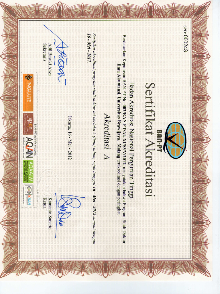 Sertifikat Akreditasi BAN PT - PDIA Universitas Brawijaya Malang 2012 2017 | PDF