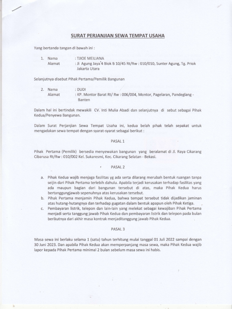 Perjanjian Sewa Ruko | PDF