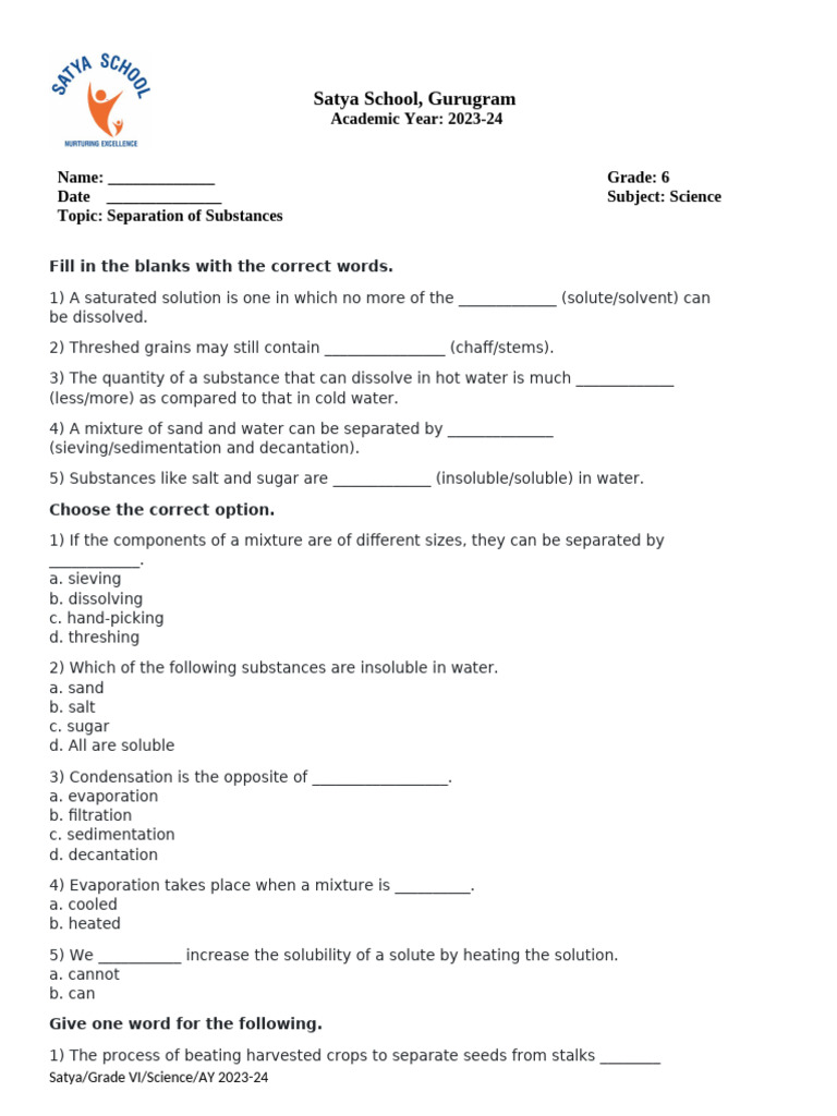Grade 6 - Separation of Substances - Worksheet | PDF | Solubility | Water