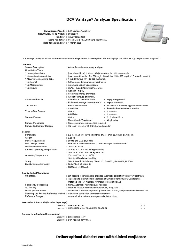 DCA Vantage® Analyzer Specification: Deliver Optimal Diabetes Care With ...