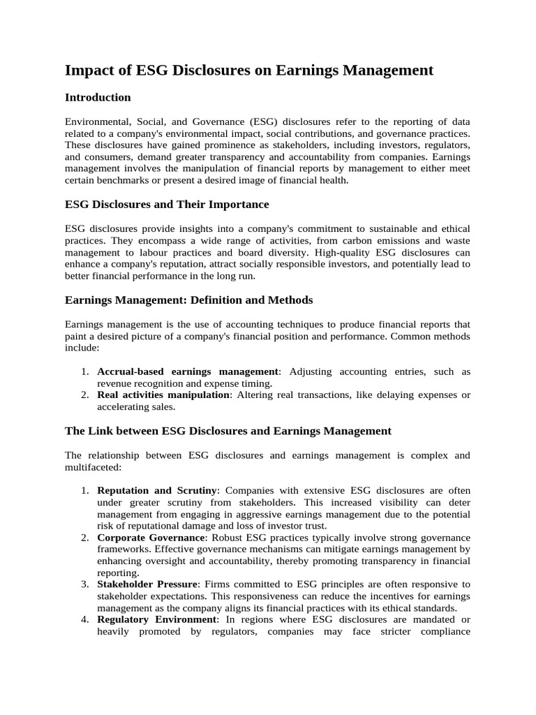 Impact Of Esg Disclosures On Earnings Management Pdf