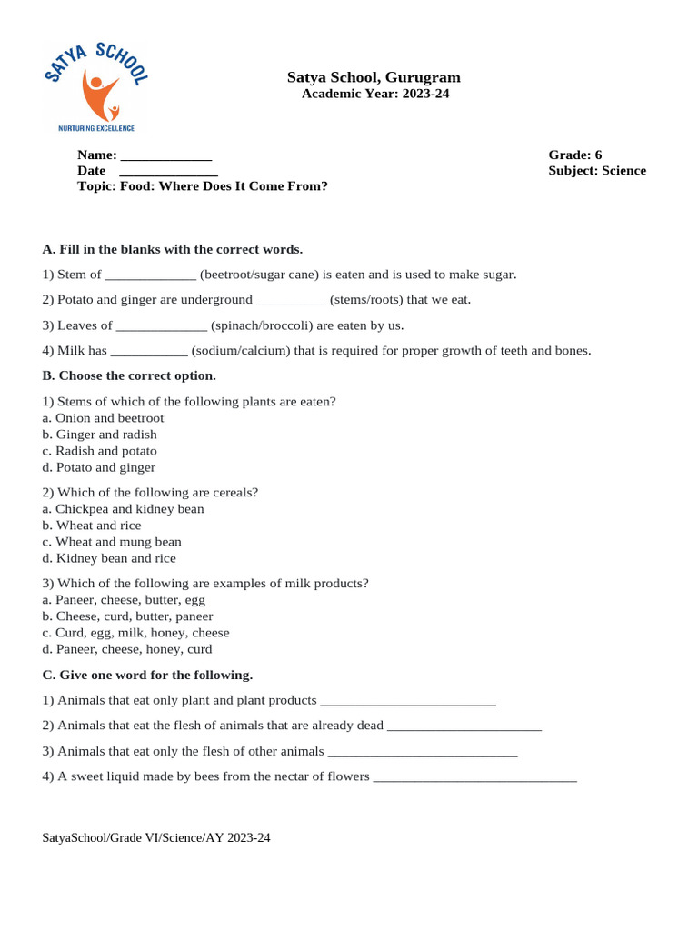 Grade 6_Food Where Does it Come From_Revision Worksheet | PDF