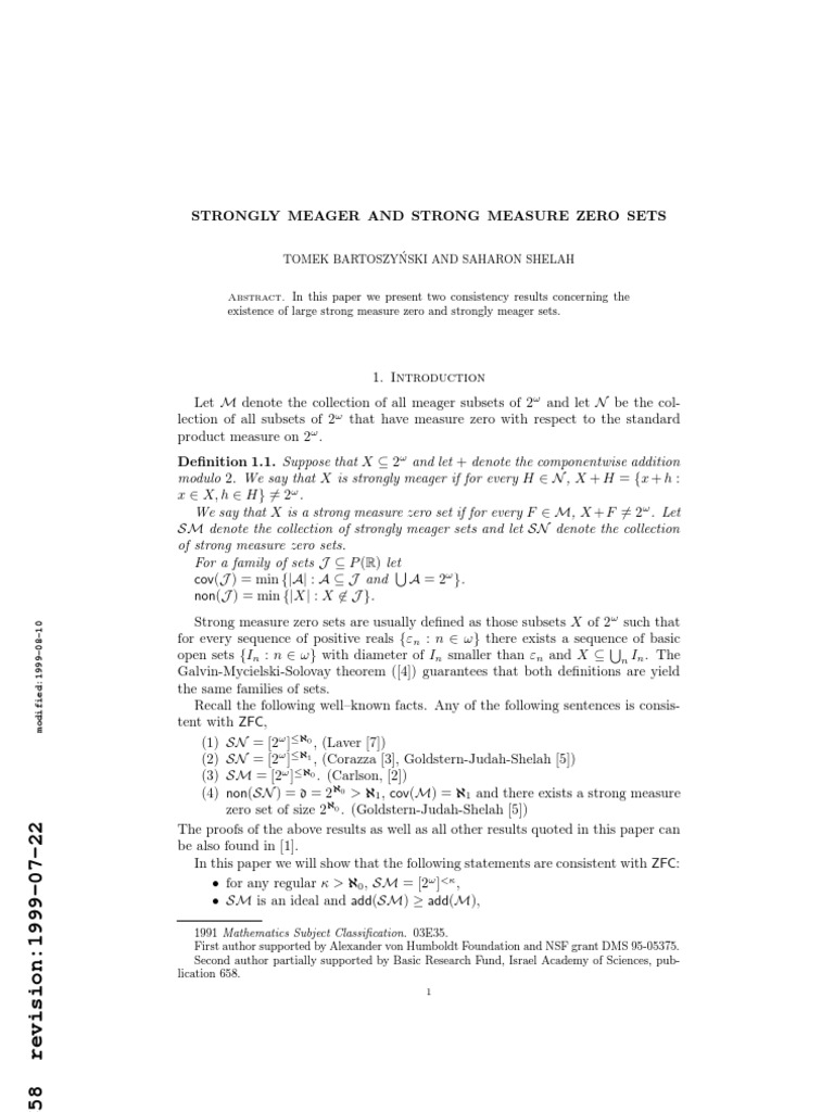 Tomek Bartoszynski and Saharon Shelah - Strongly Meager and Strong Measure Zero Sets | PDF ...