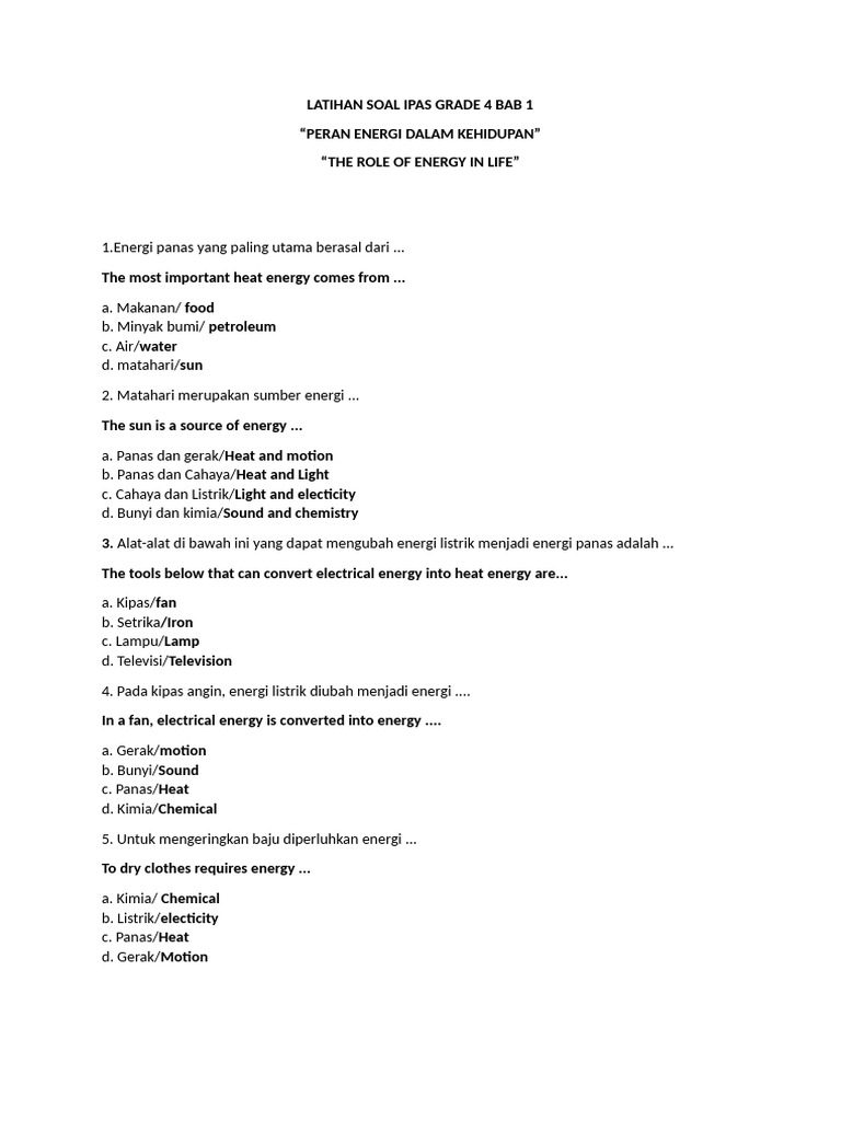 LATIHAN SOAL IPAS GRADE 4 BAB 1 | PDF