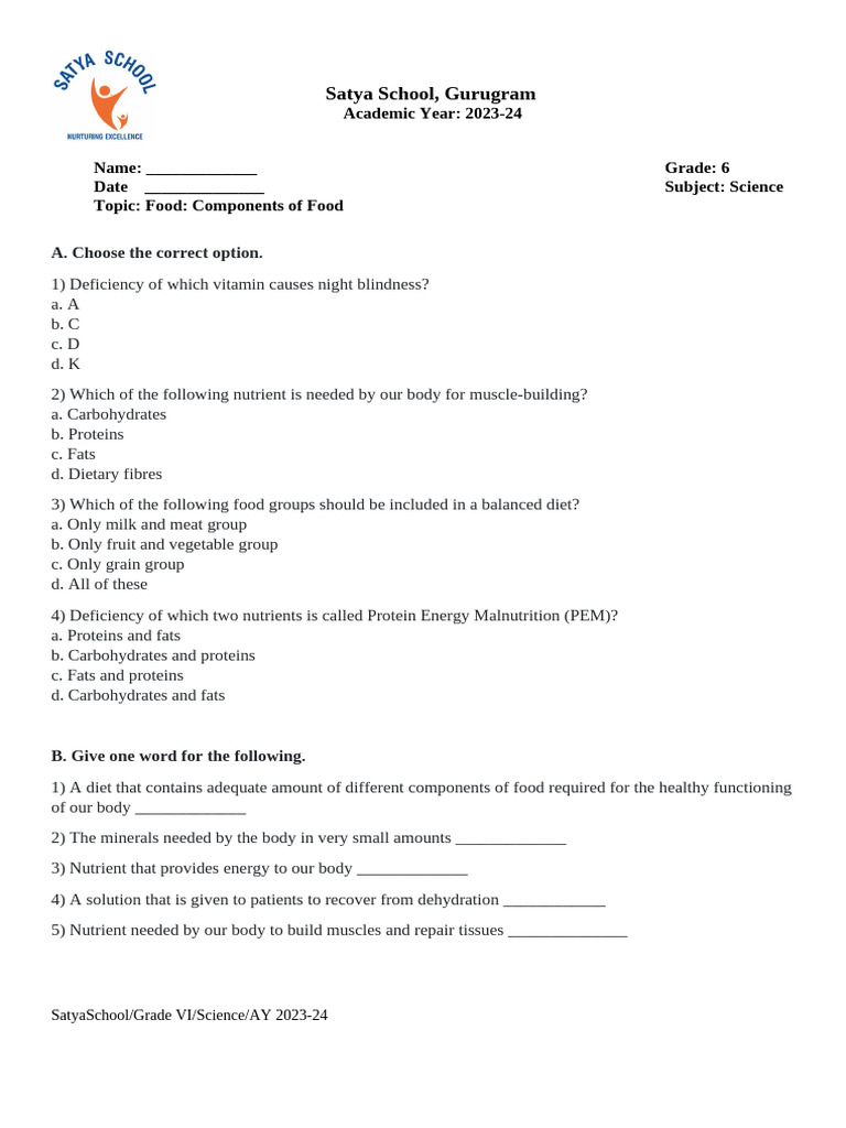 Nutrition Components for Grade 6 Science | PDF | Foods | Wellness