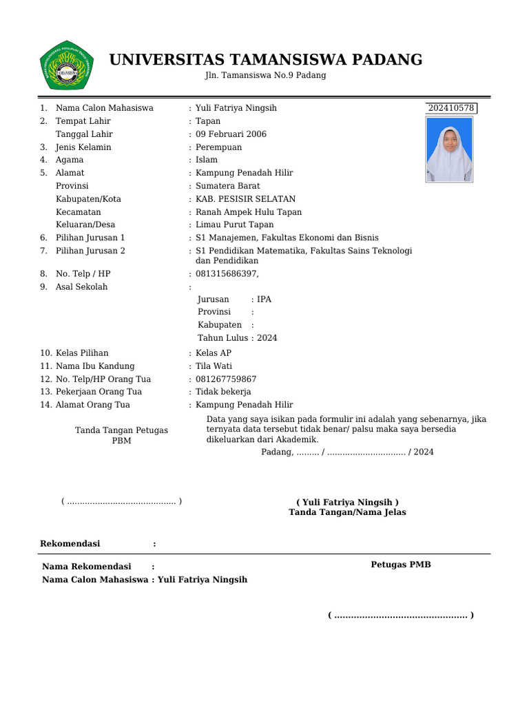 Universitas Tamansiswa Padang: (Yuli Fatriya Ningsih) Tanda Tangan/Nama ...