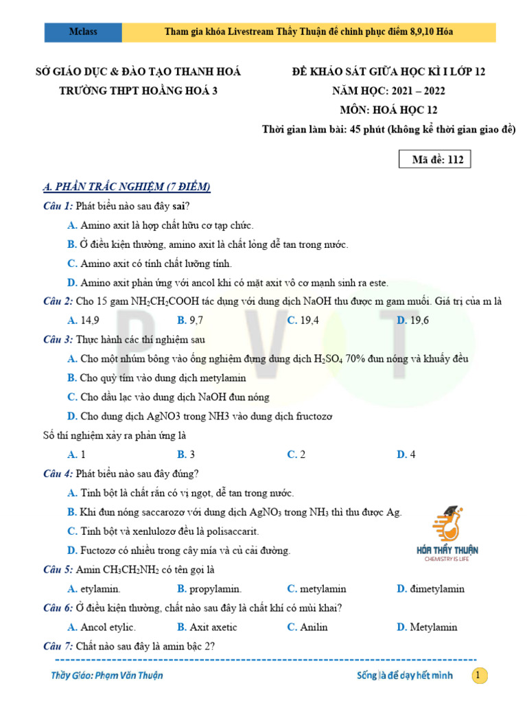 ĐỀ KS GIỮA HK1 TRƯỜNG THPT HOẰNG HOÁ 3 | PDF