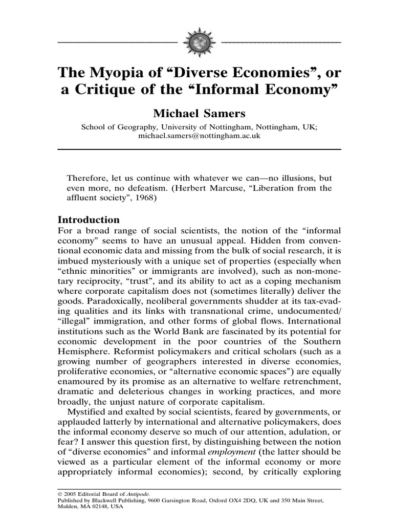 Samers - 2005 - The Myopia of "Diverse Economies", or A Critique o | PDF