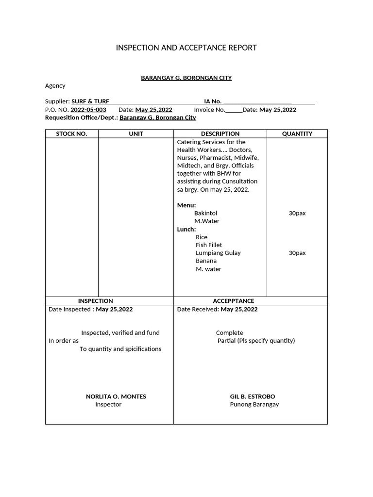 Inspection and Acceptance Report | PDF