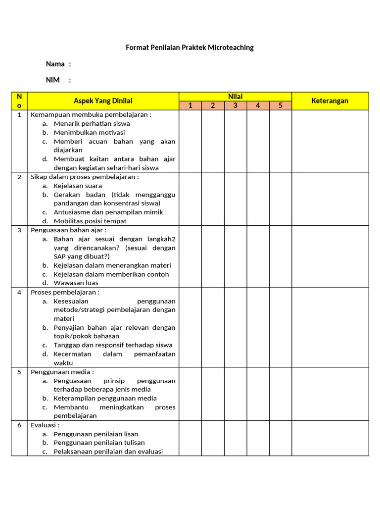 Format Penilaian Praktek Microteaching (1) | PDF