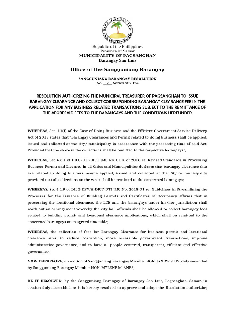 Barangay Reso Authorizing Mto To Collect Fees | PDF