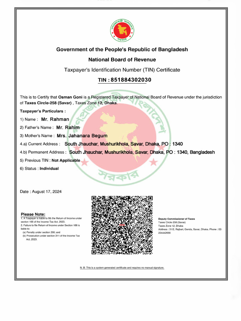 TIN Certificate Format | PDF