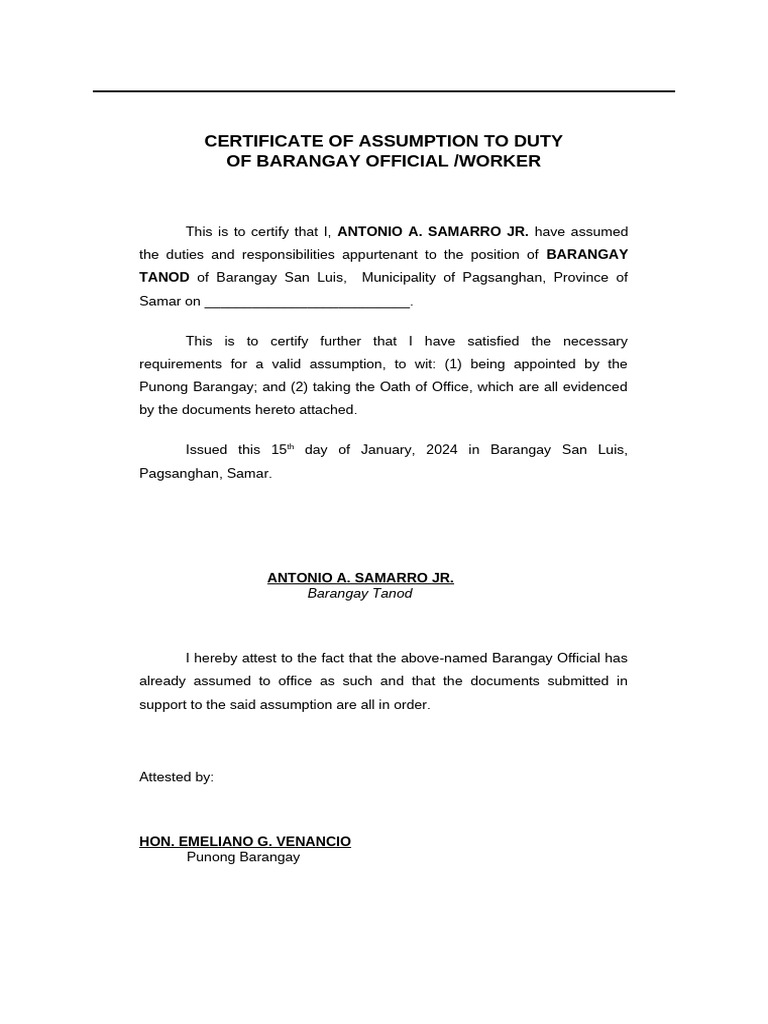 Certificate of Assumption To Duty of Appointed Barangay Officials | PDF