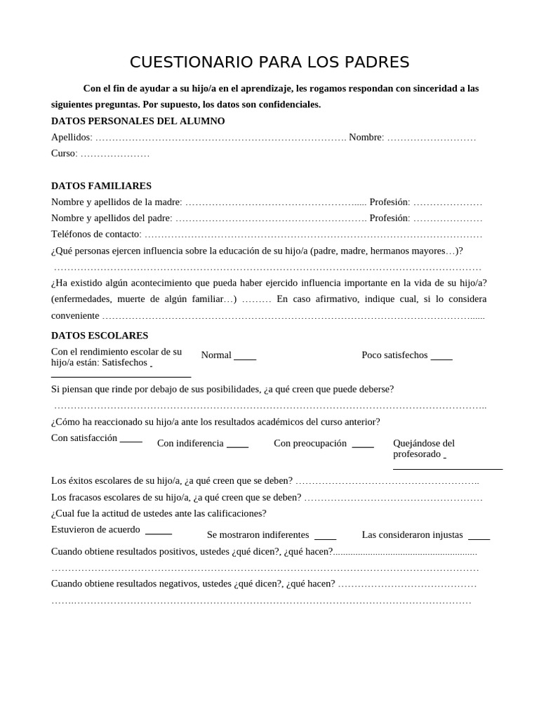 Cuestionario para Los Padres Editable | PDF