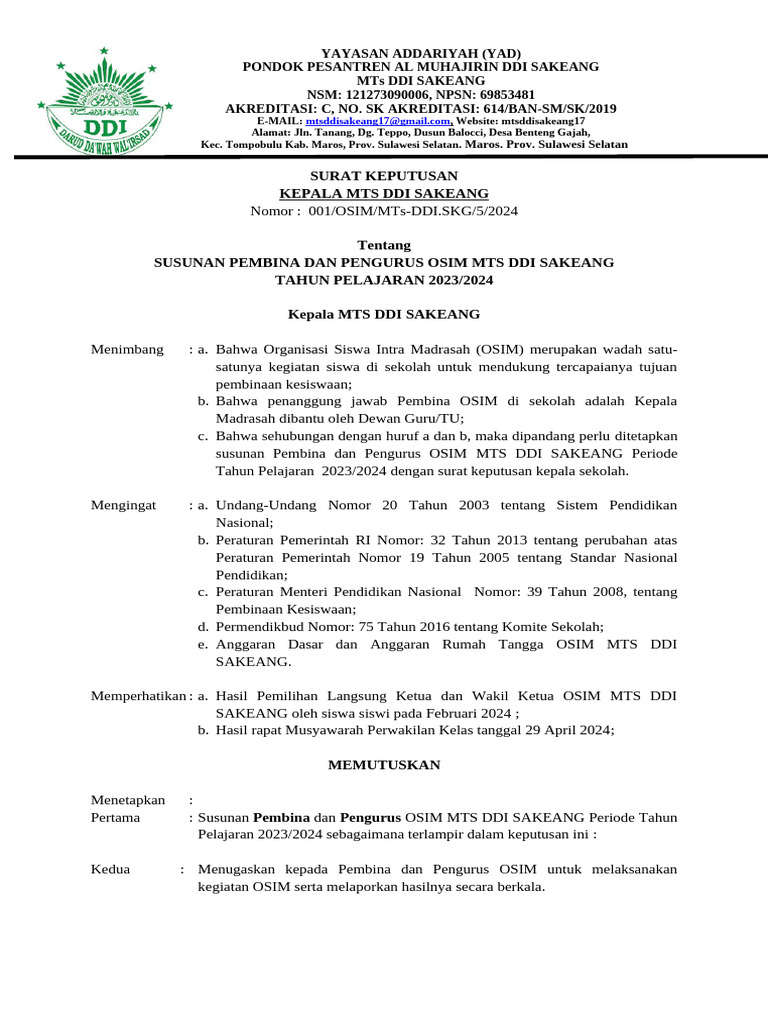 SK PENGURUS OSIS MTs | PDF