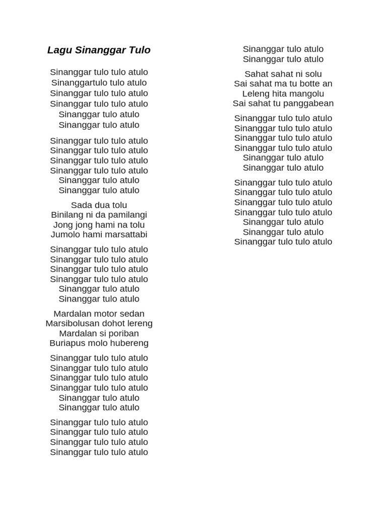 Lagu Sinanggar Tulo & Gundul Pacul | PDF
