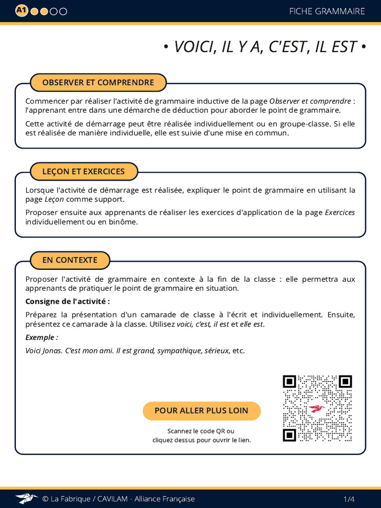 A1 2 - FLG - Voici Il y A C Est Il Est - 1 - Fiche Enseignant | PDF