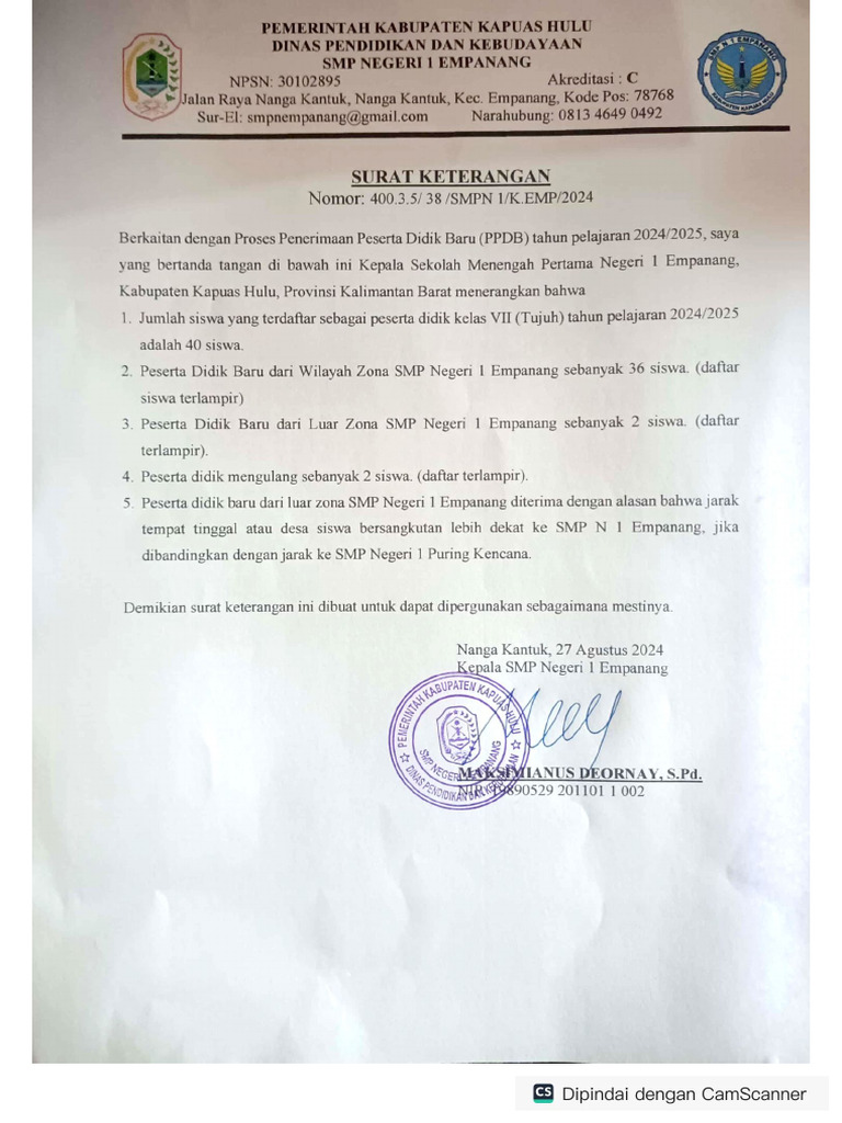 Surat Keterangan PPDB SMPN 1 Empanang 2024-2025 | PDF