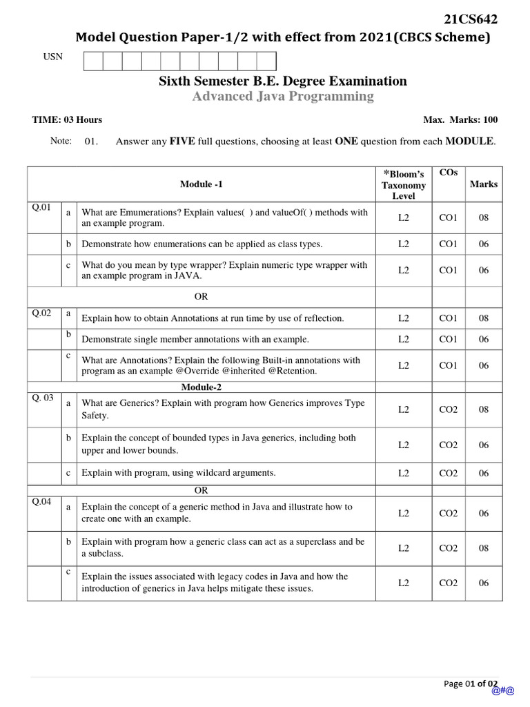 VTU Model Question Paper Advanced Java & J2EE (21CS642) | PDF