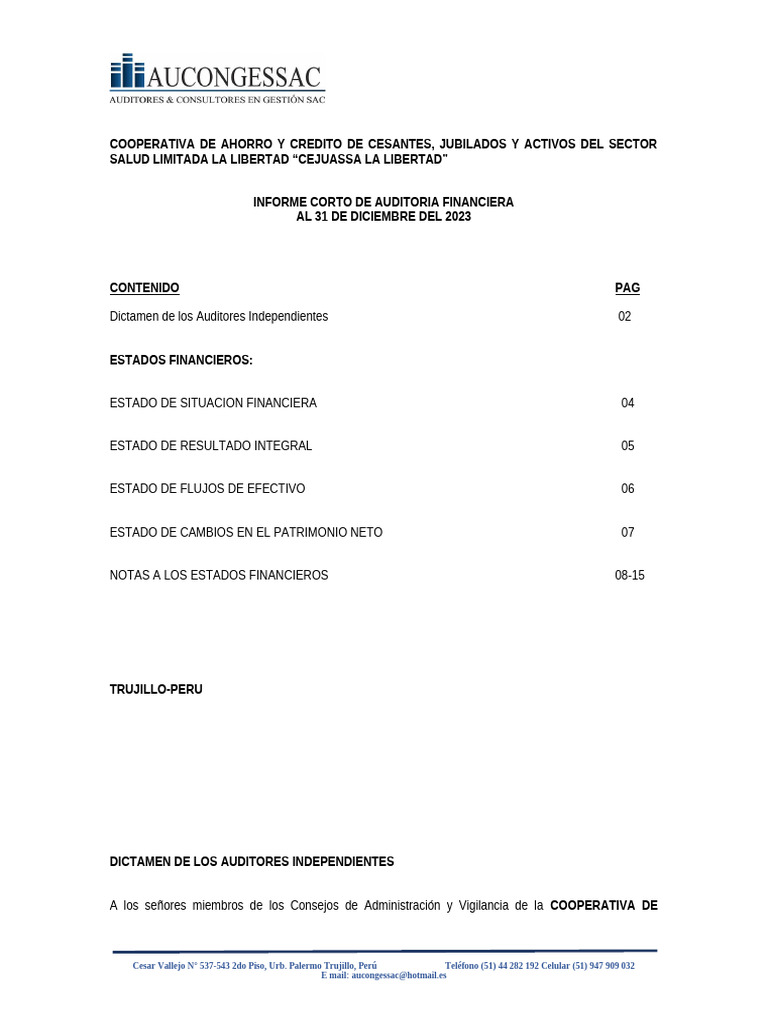 Informe de Evaluación A Los EEFF - 2023 - Dictamen | PDF | Auditoría | normas internacionales de ...