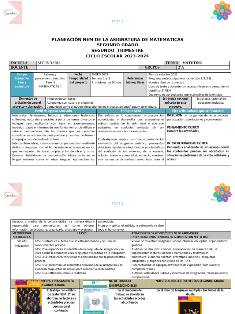 Planeacion Nem Mat 2 T2 2023 2024 B | PDF