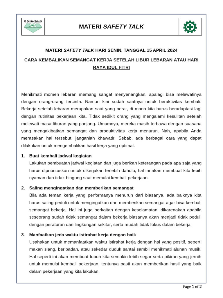 Materi Safety Talk - Senin 15-04-2024 | PDF