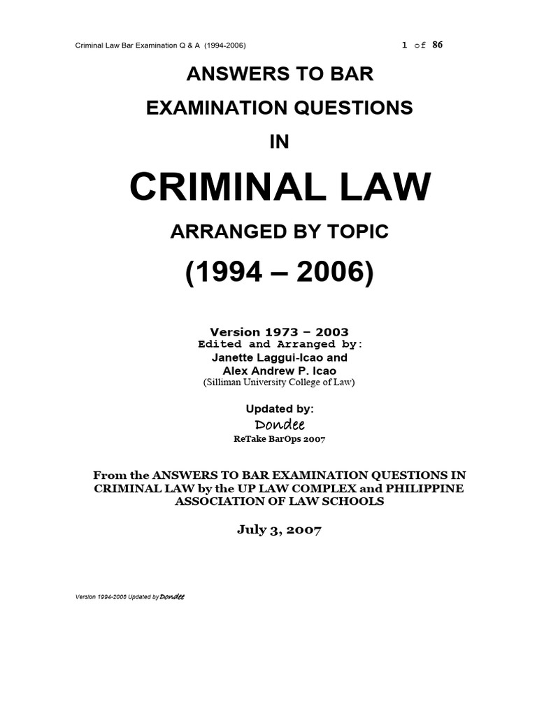 Bar Questions and Answers Criminal Law 1 Compress | PDF