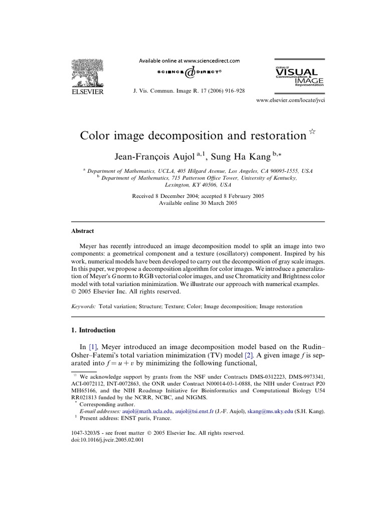 Color Image Decomposition and Restoration: Jean-Franc Ois Aujol, Sung ...