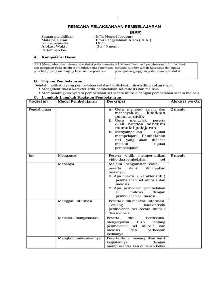 RPP Pembelahan Sel | PDF