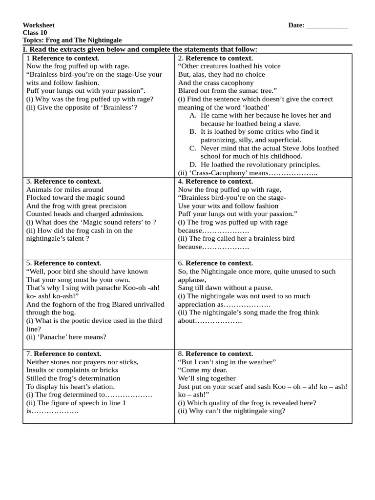 Worksheet Frog and The Nightingale | PDF