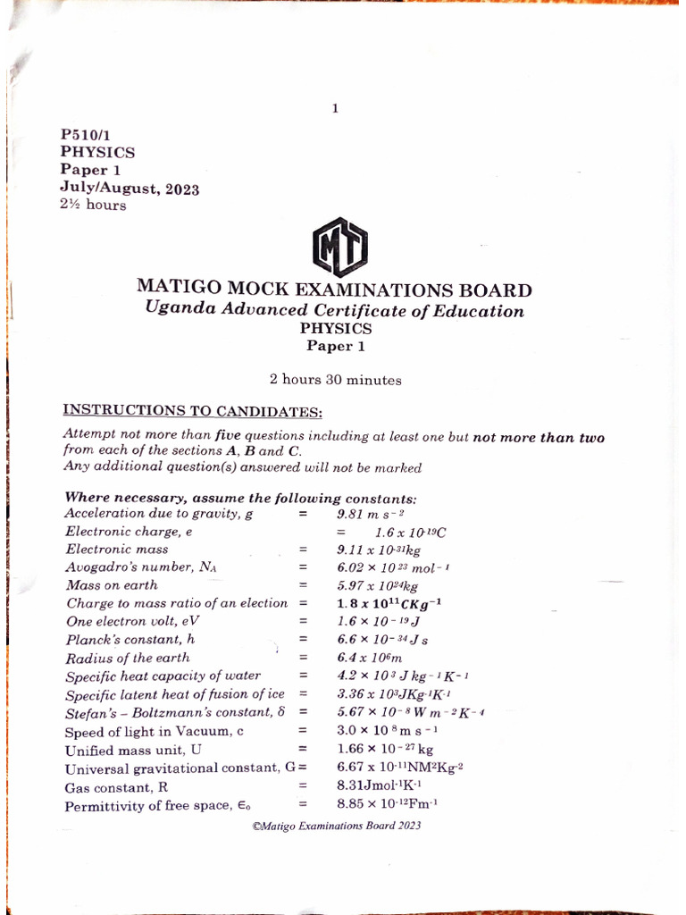 Matigo 2023 Phy 1 | PDF