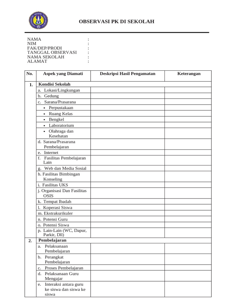 Format Laporan Observasi PK | PDF