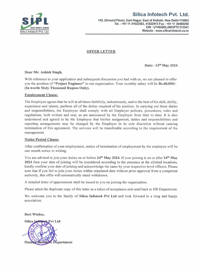 MR Ashish Singh Project Engineer Offer Letter | PDF