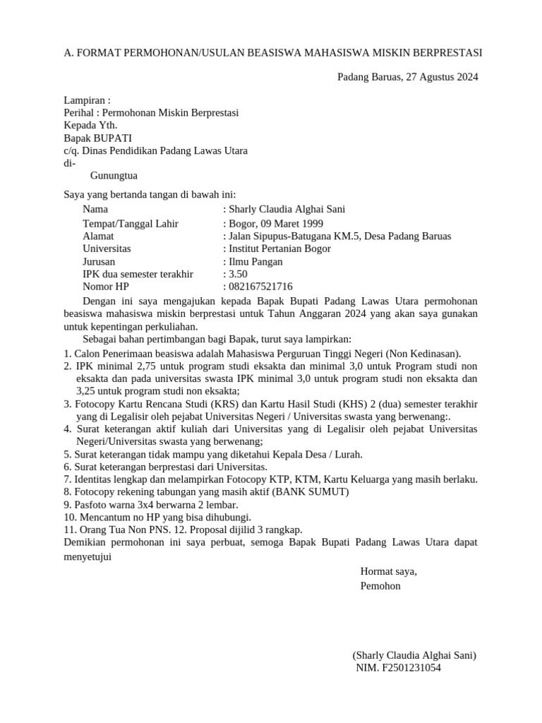 A Format Permohonan Usulan Beasiswa Mahasiswa Miskin Berprestasi Pdf