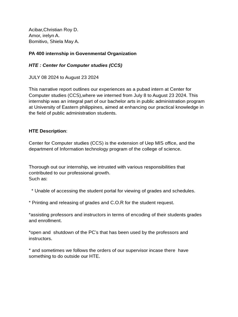 CCS - Narrative Report | PDF | Internship | Job Hunting