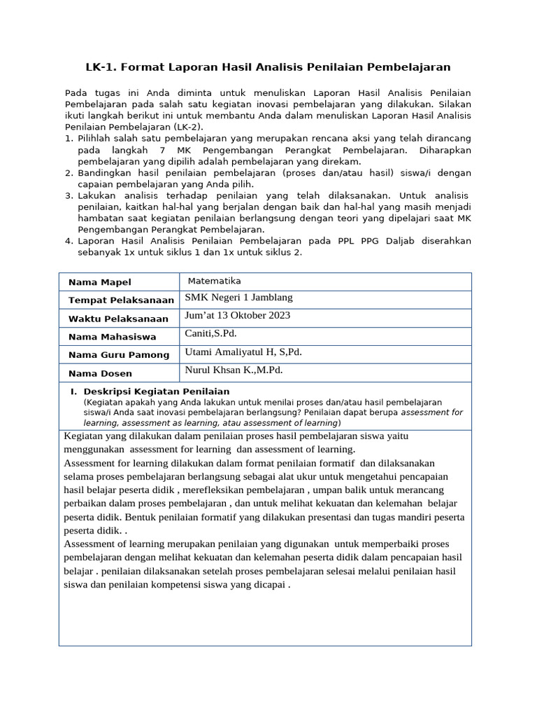 LK-1. Format Laporan Hasil Analisis Penilaian Pembelajaran | PDF
