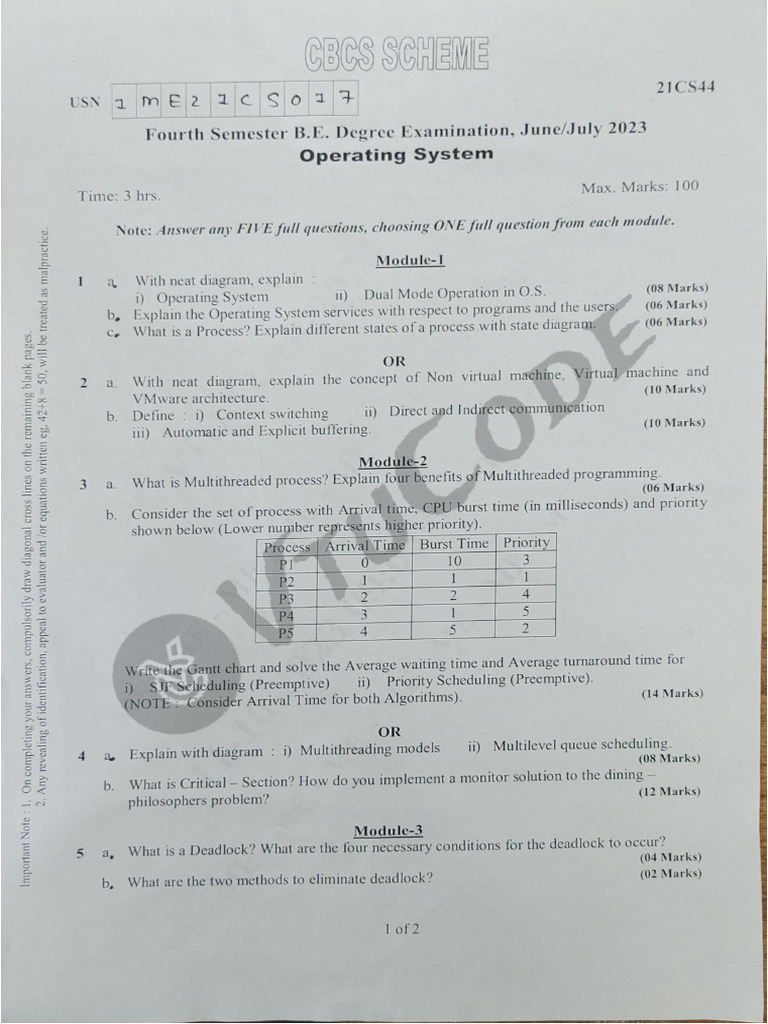 @vtucode - Com 2021 Scheme Previous Year Paper Operating System | PDF