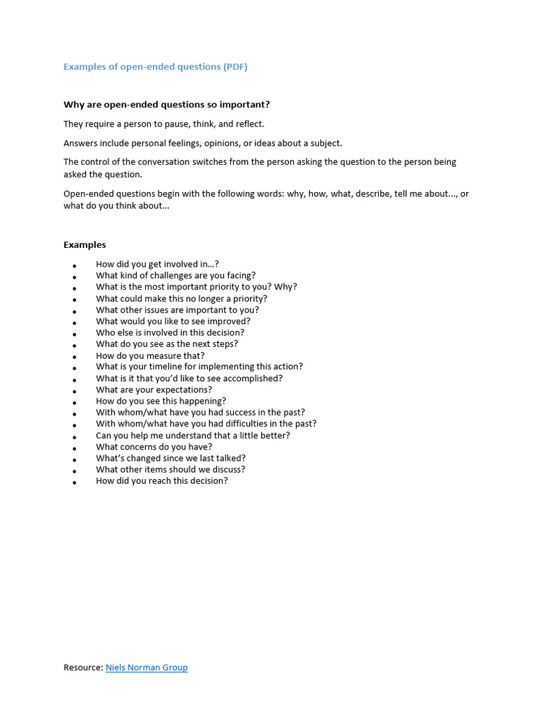 Examples of Open Ended Questions | PDF | Self-Improvement