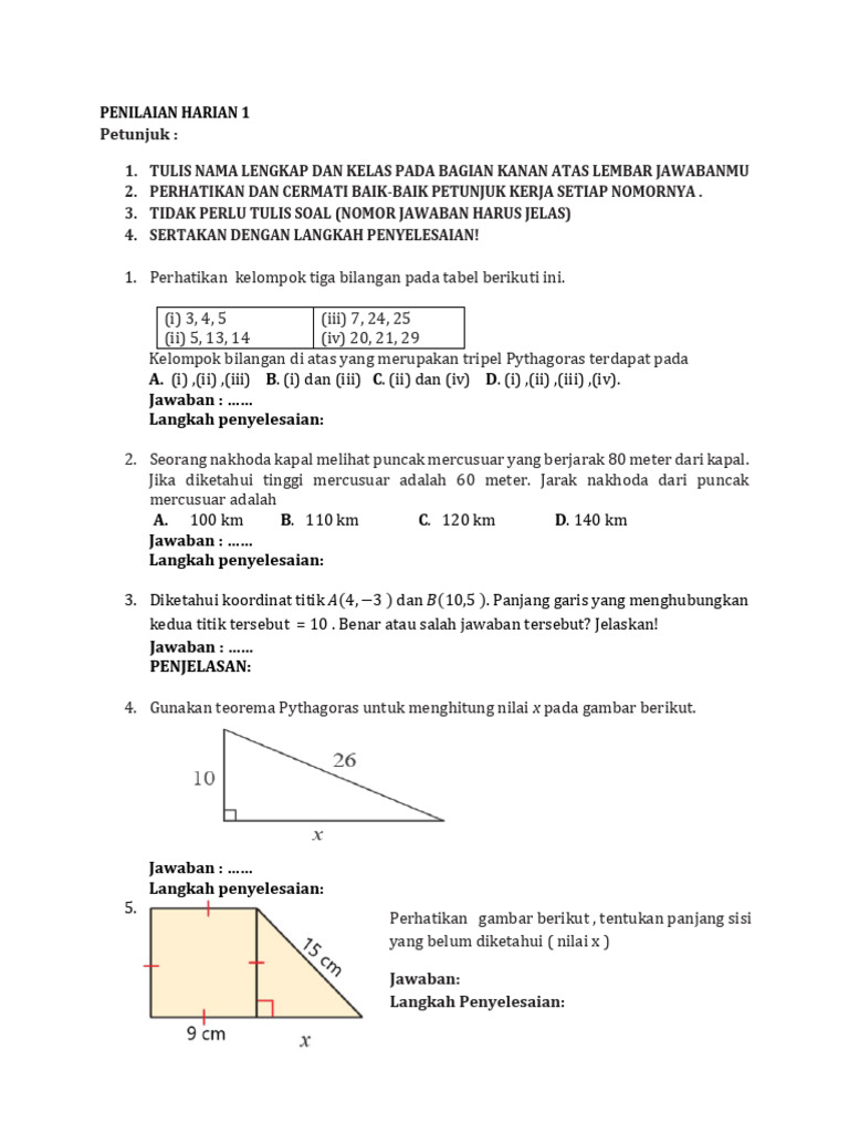 Soal Penilaian Harian Materi Teorema Pythagoras Pdf