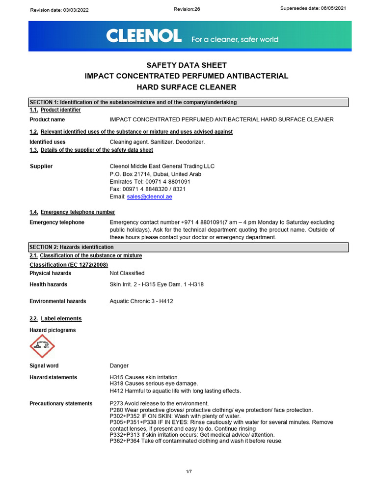MSDS - Impact Concentrated Perfumed Antibacterial Hard Surface Cleaner | PDF
