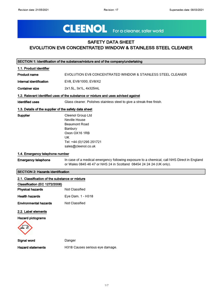 MSDS - Ev8 Concentrated Window & Stainless Steel Cleaner | PDF