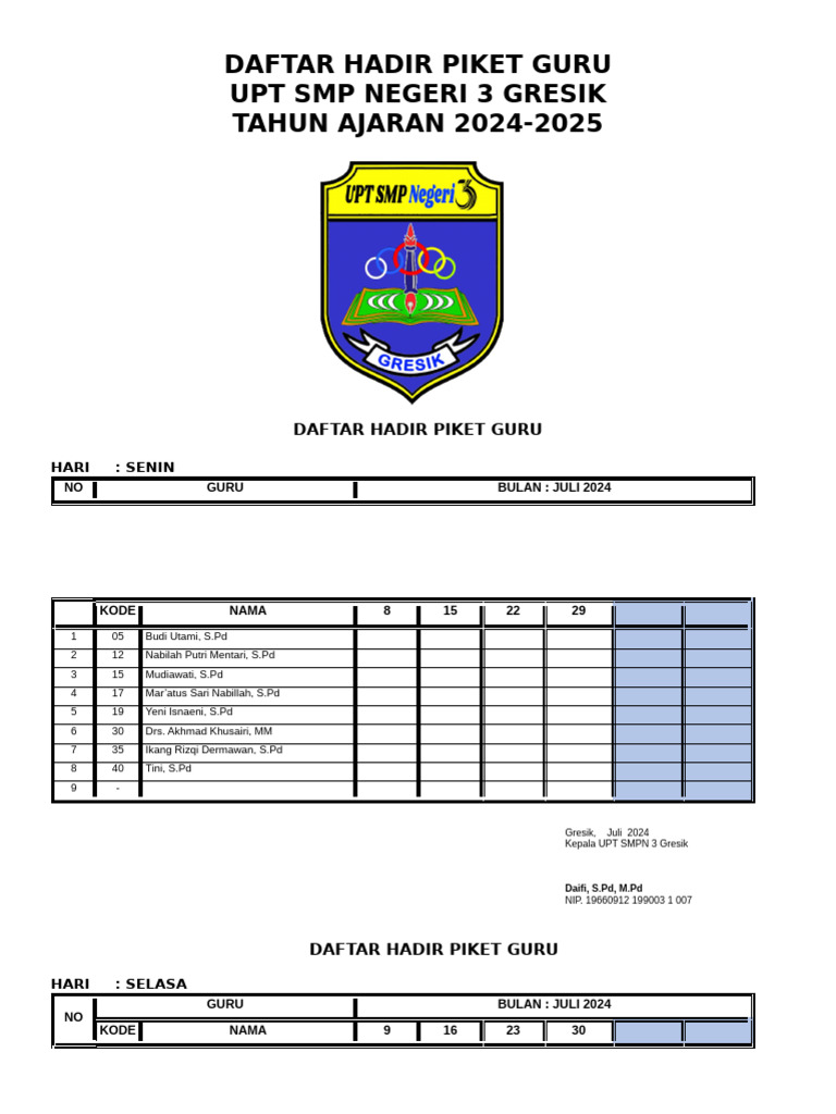 Daftar Hadir Piket Guru | PDF