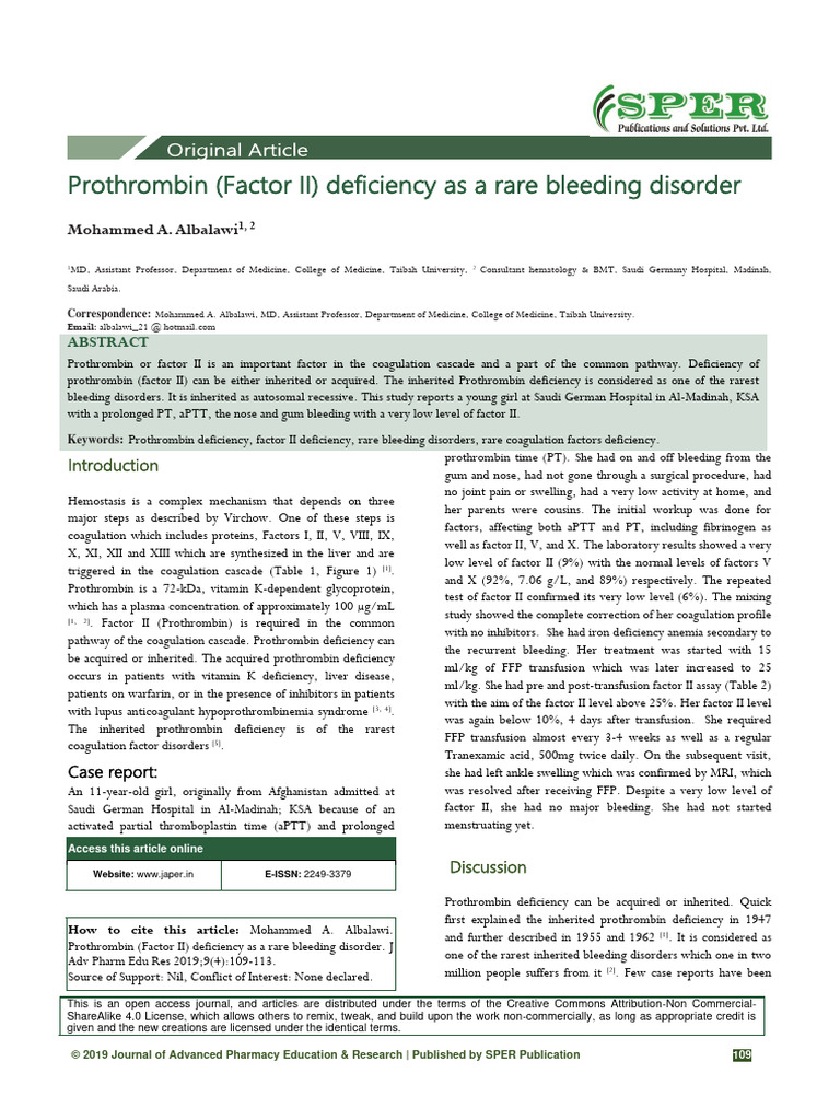 Prothrombin Factor II Deficiency As A Rare Bleeding Disorder | PDF