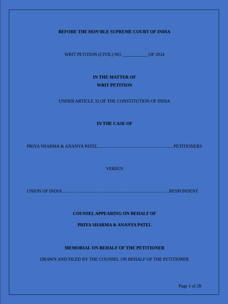 Moot Memorial Petitioner | PDF | Discrimination | Politics