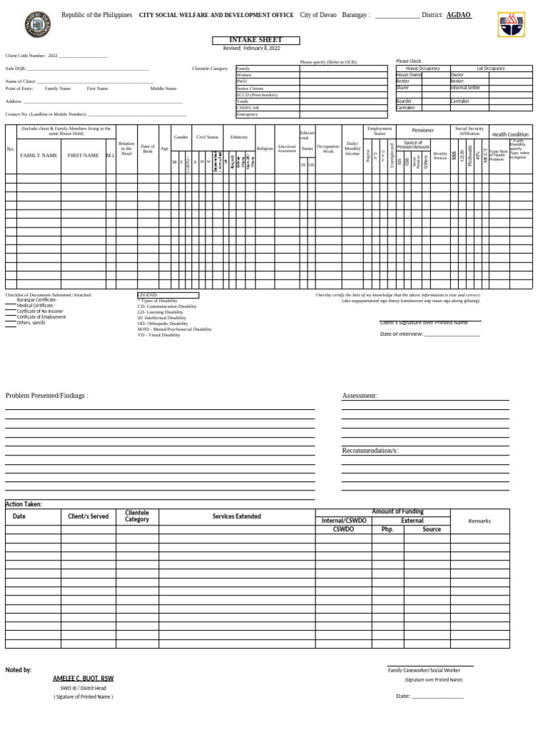 Intake Sheet Form | PDF